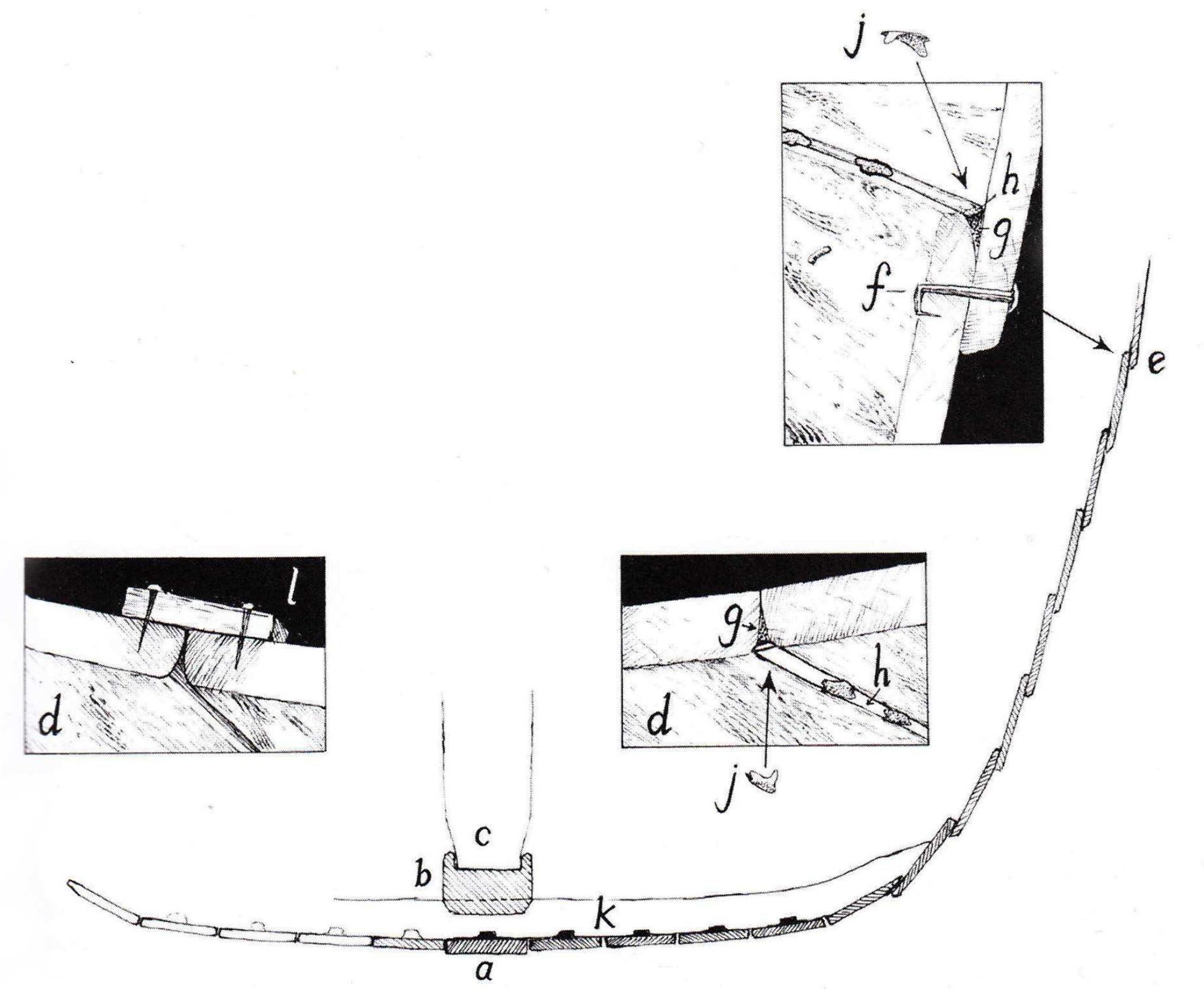 2: generic cross section of a medieval cog, a) keel plank,