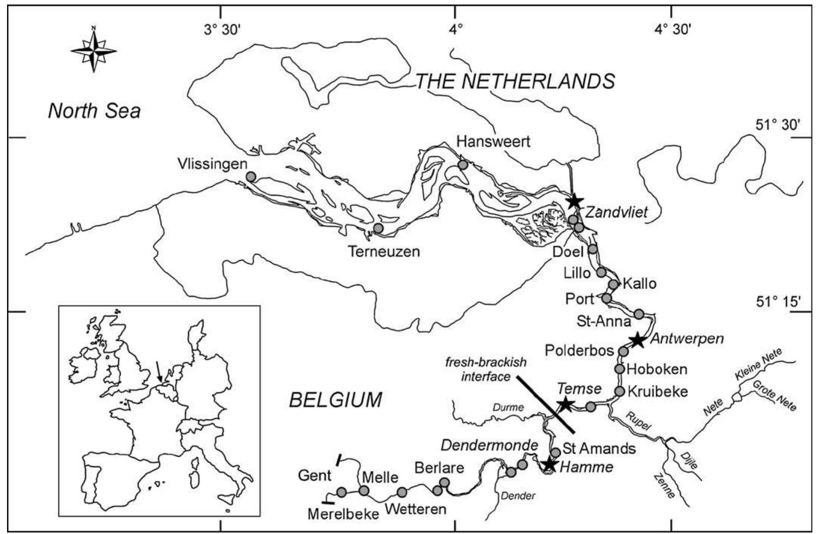 Map of the tidal part of the scheldt basin indicating the