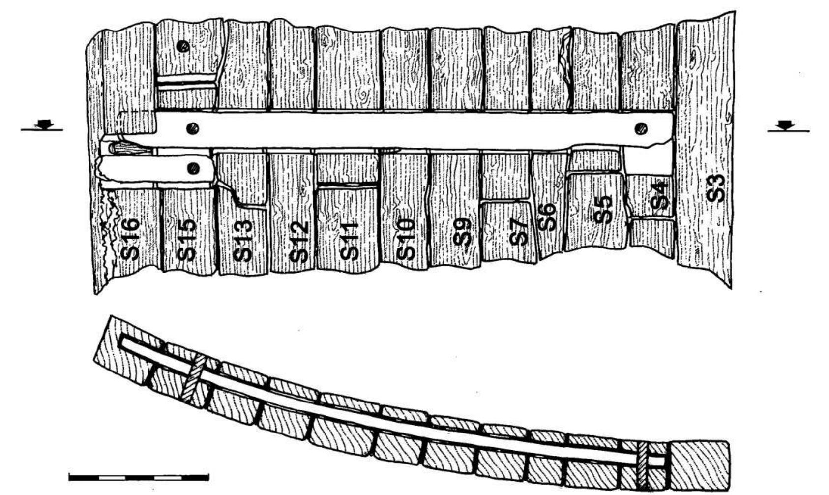 Plan and profile of the section at the bow of ship 17