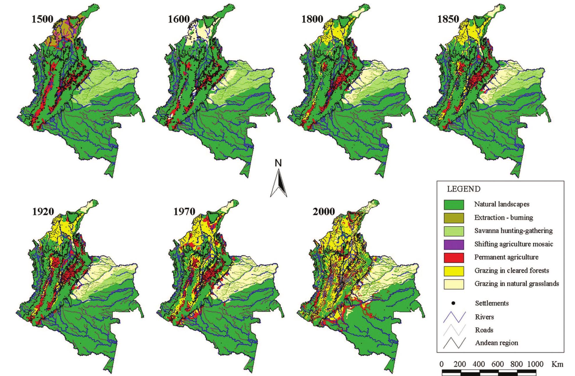 Historic land use maps of colombia for the seven analyzed