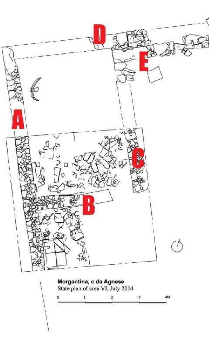 Plan of trench 37 with walls labeled. drawing by g.