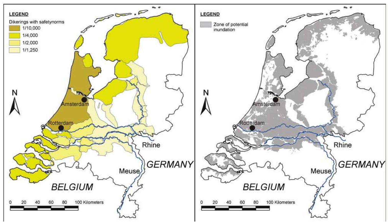 Map of the netherlands displaying major rivers, the dike