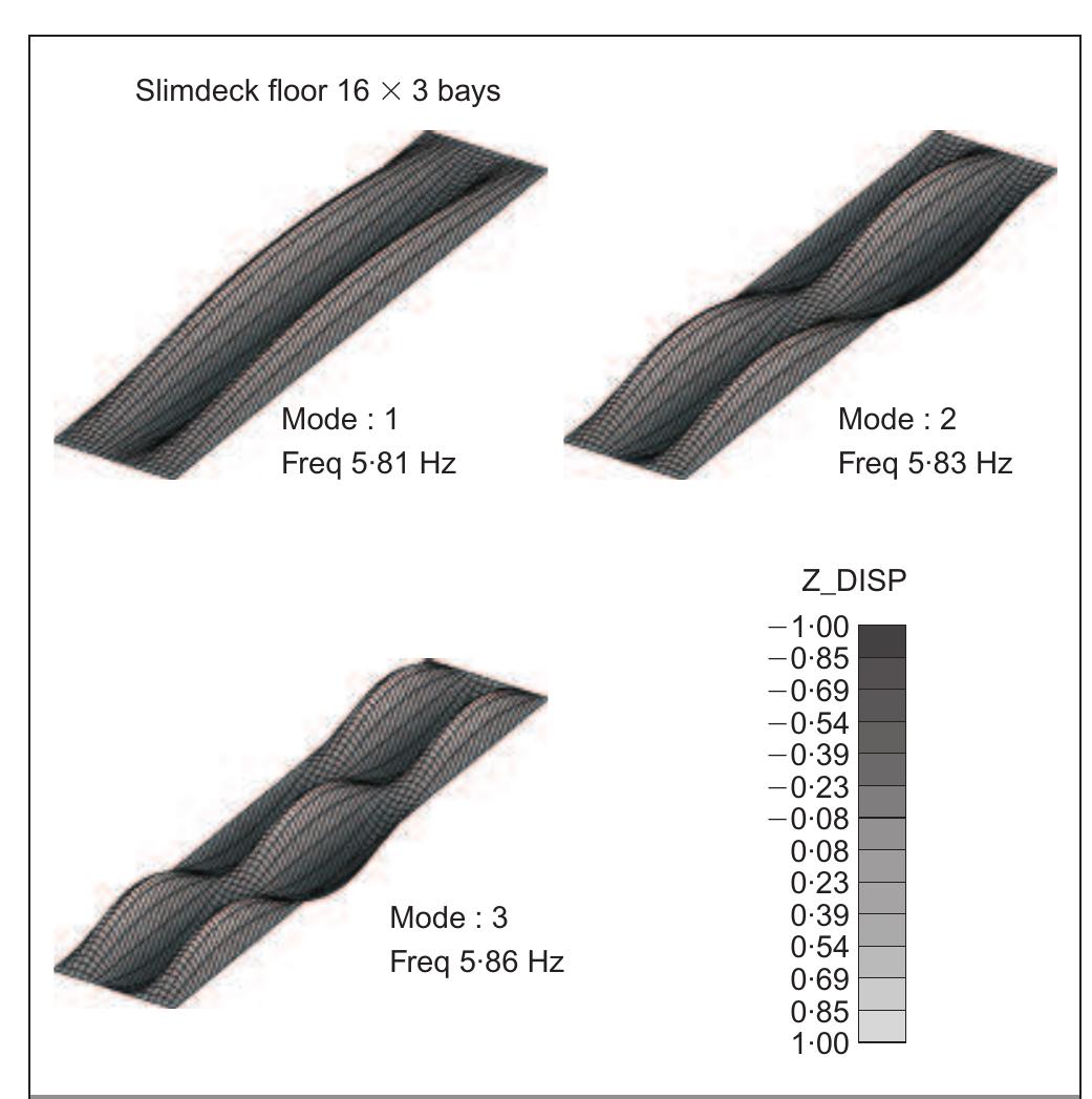 The first three modes of a 16 x 3 bay slimdek floor (example