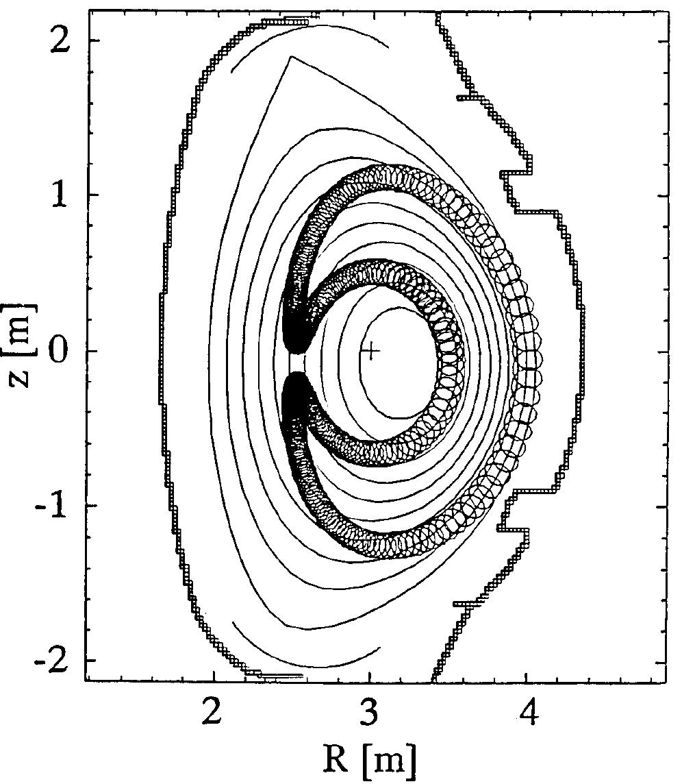 Poloidal projection of a trapped alpha particle orbit in the