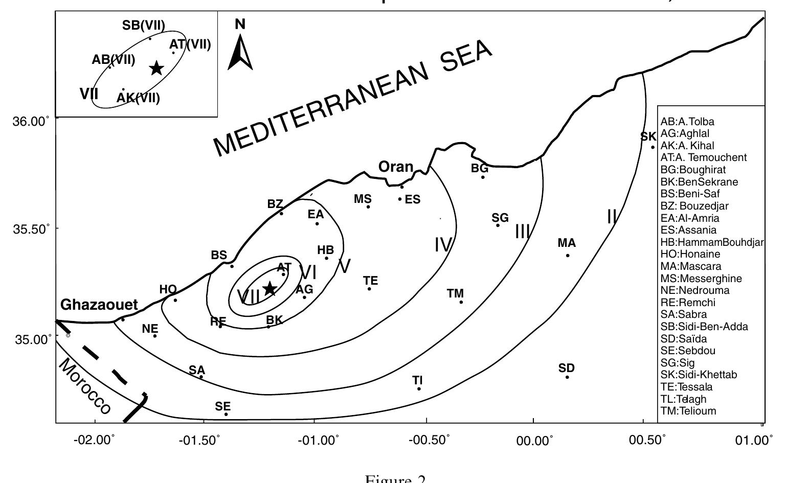 Isoseismal map for the ain temouchent earthquake. black