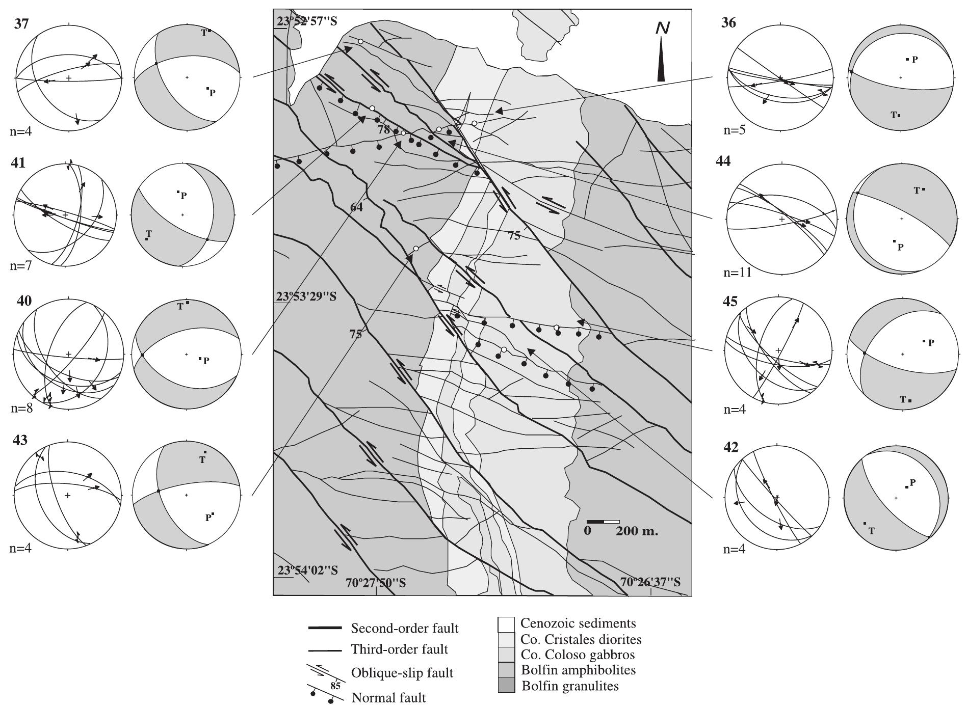 Detailed map of the fault slip data and strain tensors for