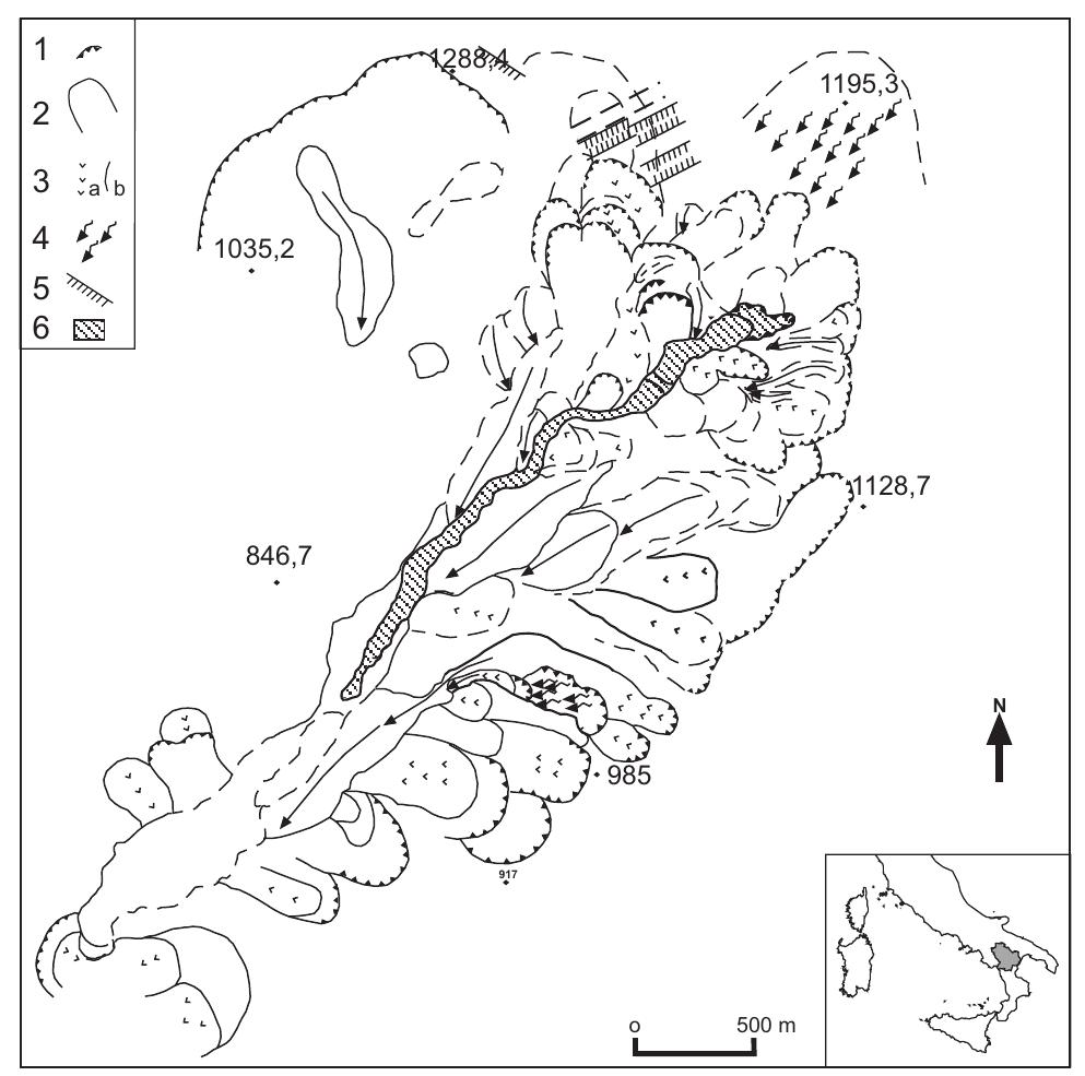 Geomorphological sketch-map of la braida landslide: 1) main