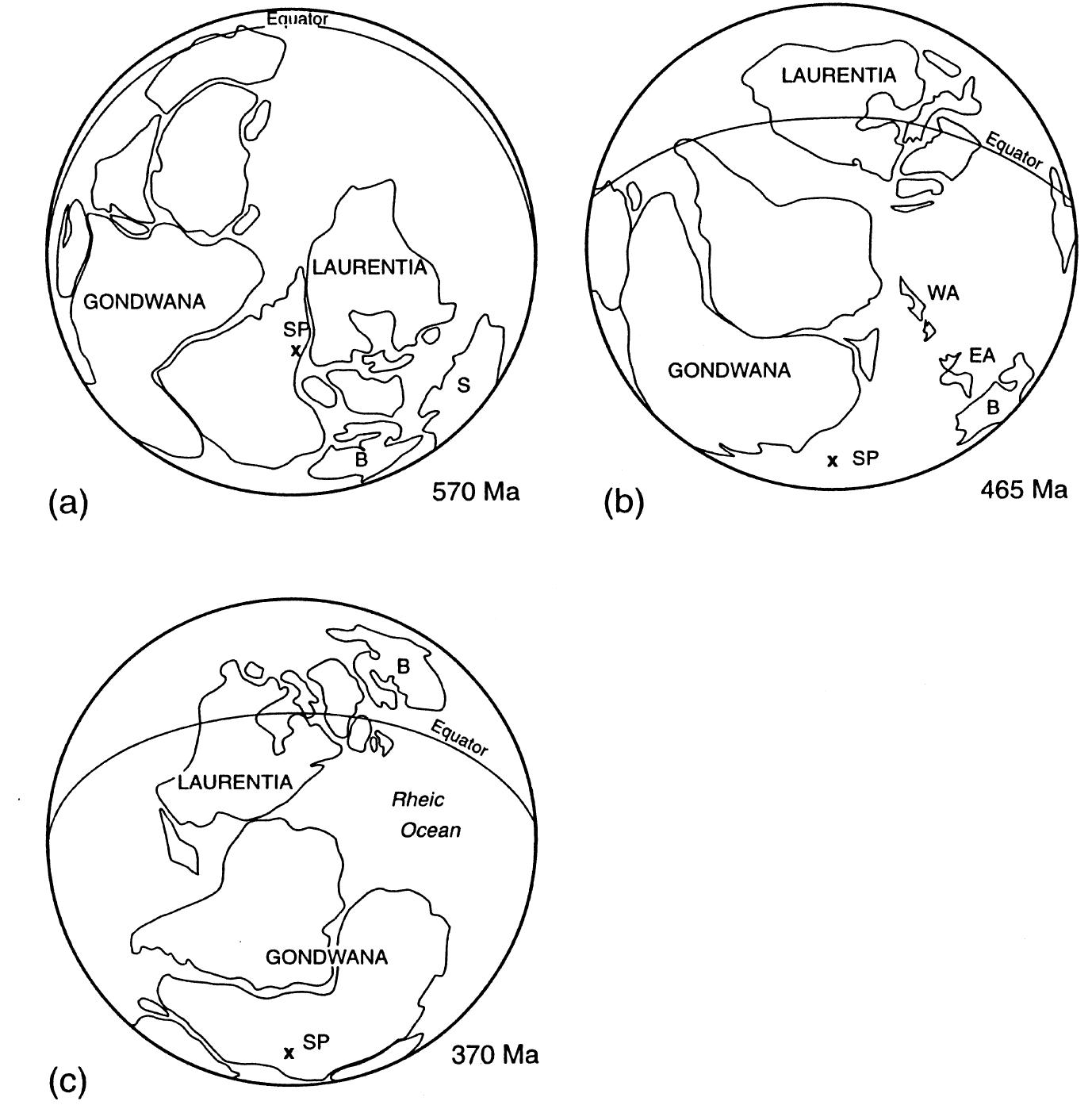 Positions of the major continental masses, (a) in the late
