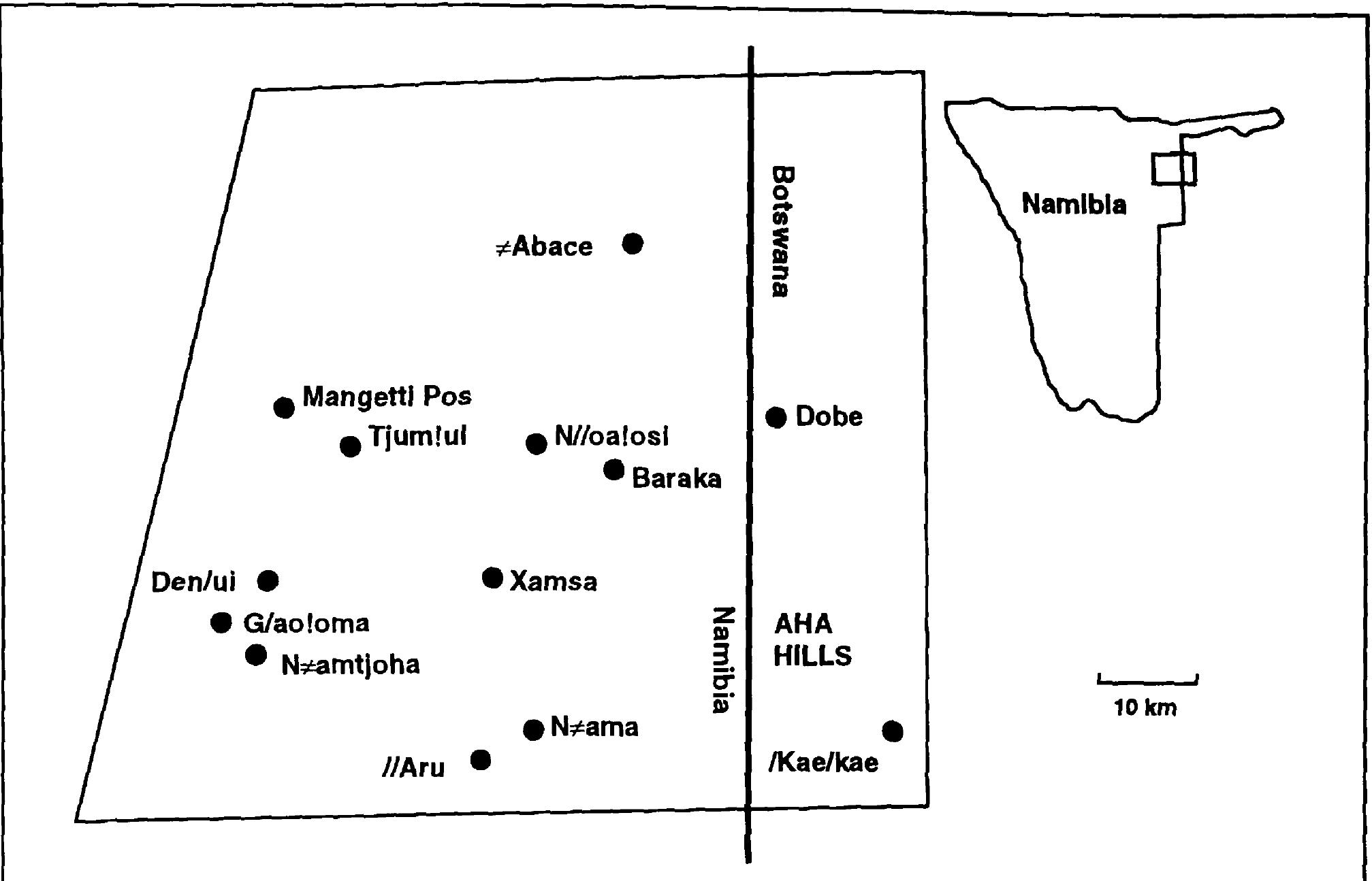 1 map showing villages in namibia and botswana where