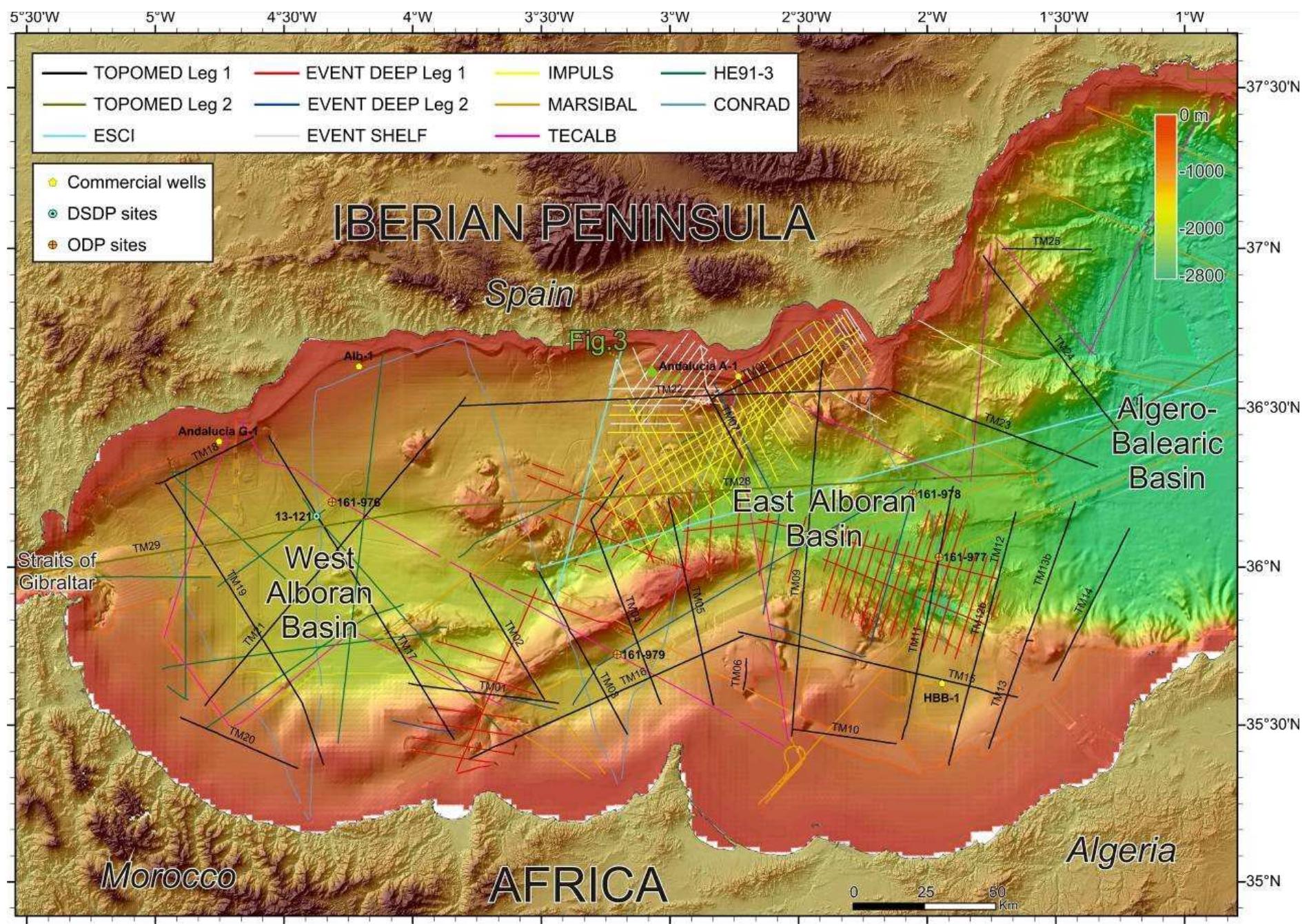 Shaded relief map of the alboran sea with the location of