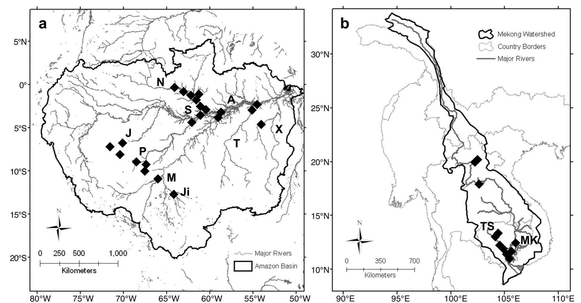 Map of study areas in the amazon and mekong river basins