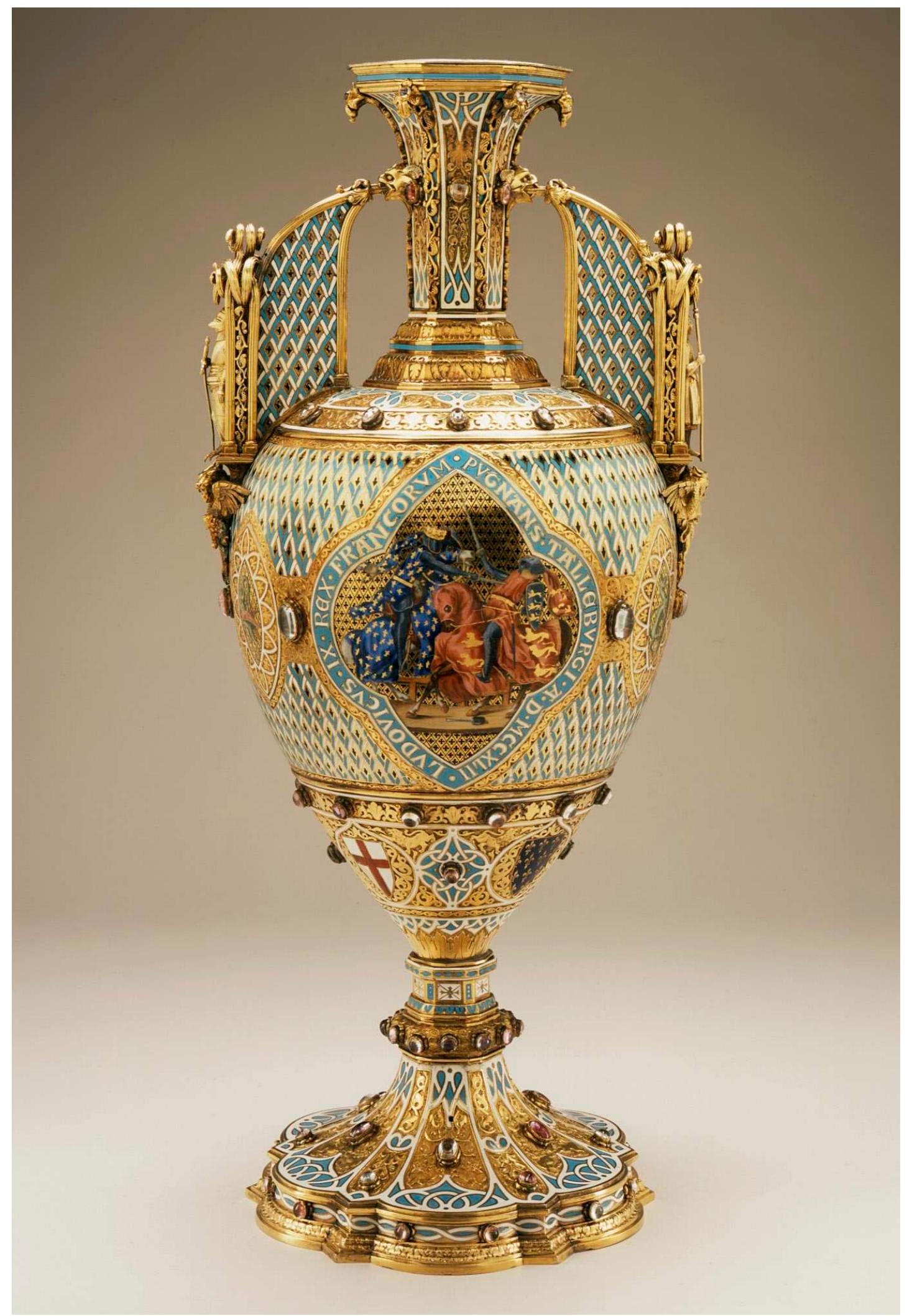 Byzantine-moorish style vase; silver gilt, enamel, and paste
