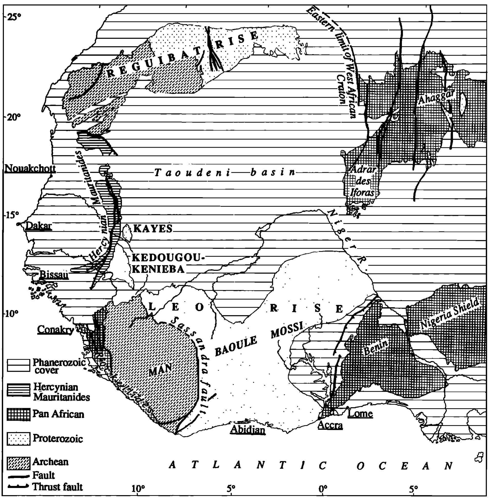 Geological map of west africa with precambrian domains: the