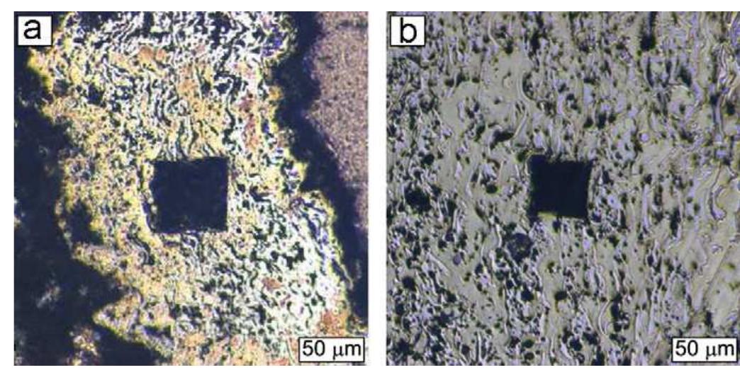 Indentation test imprints: (a) coating 92f and (b) coating