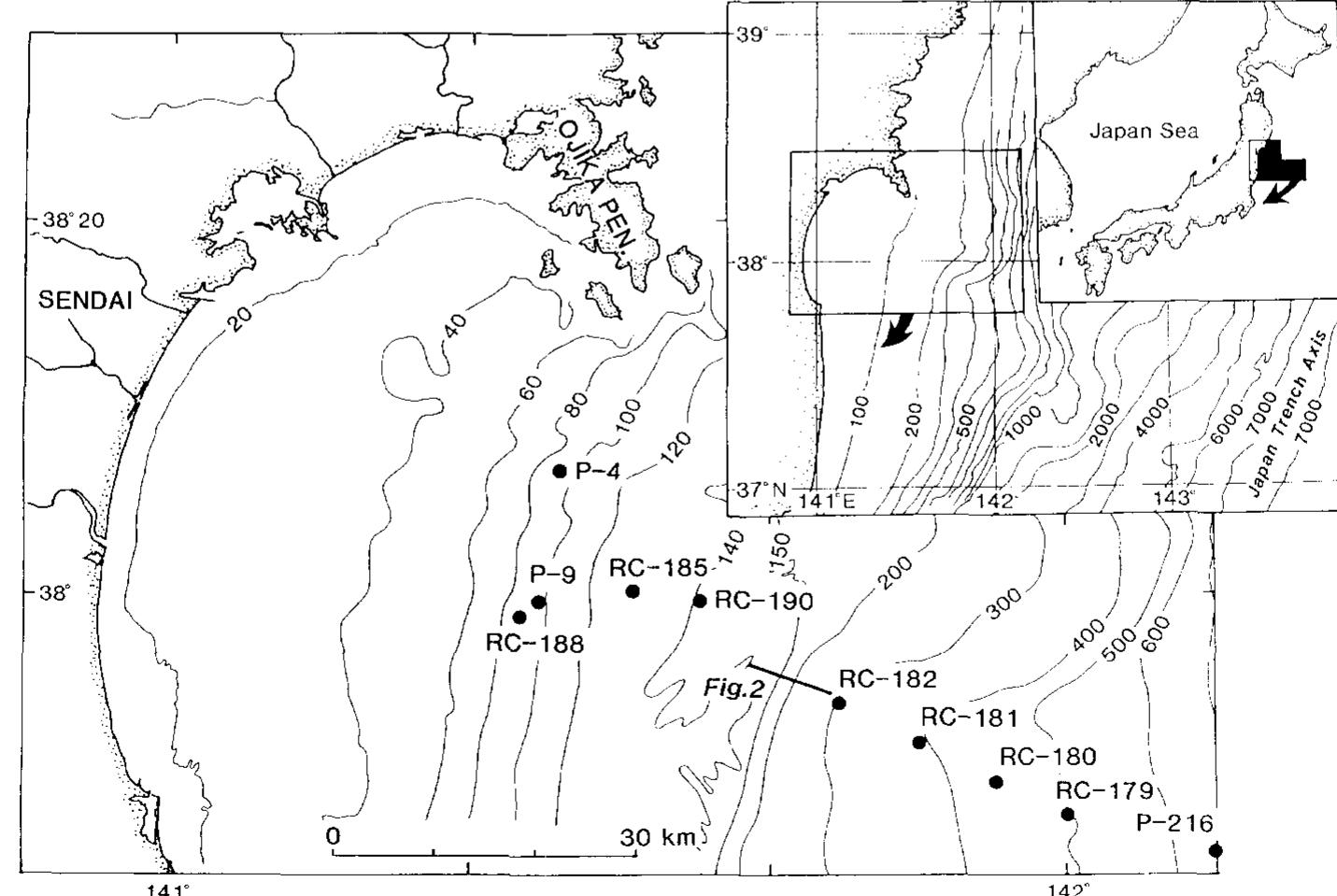 Bathymetry (m) of the shelf and upper continental slope off
