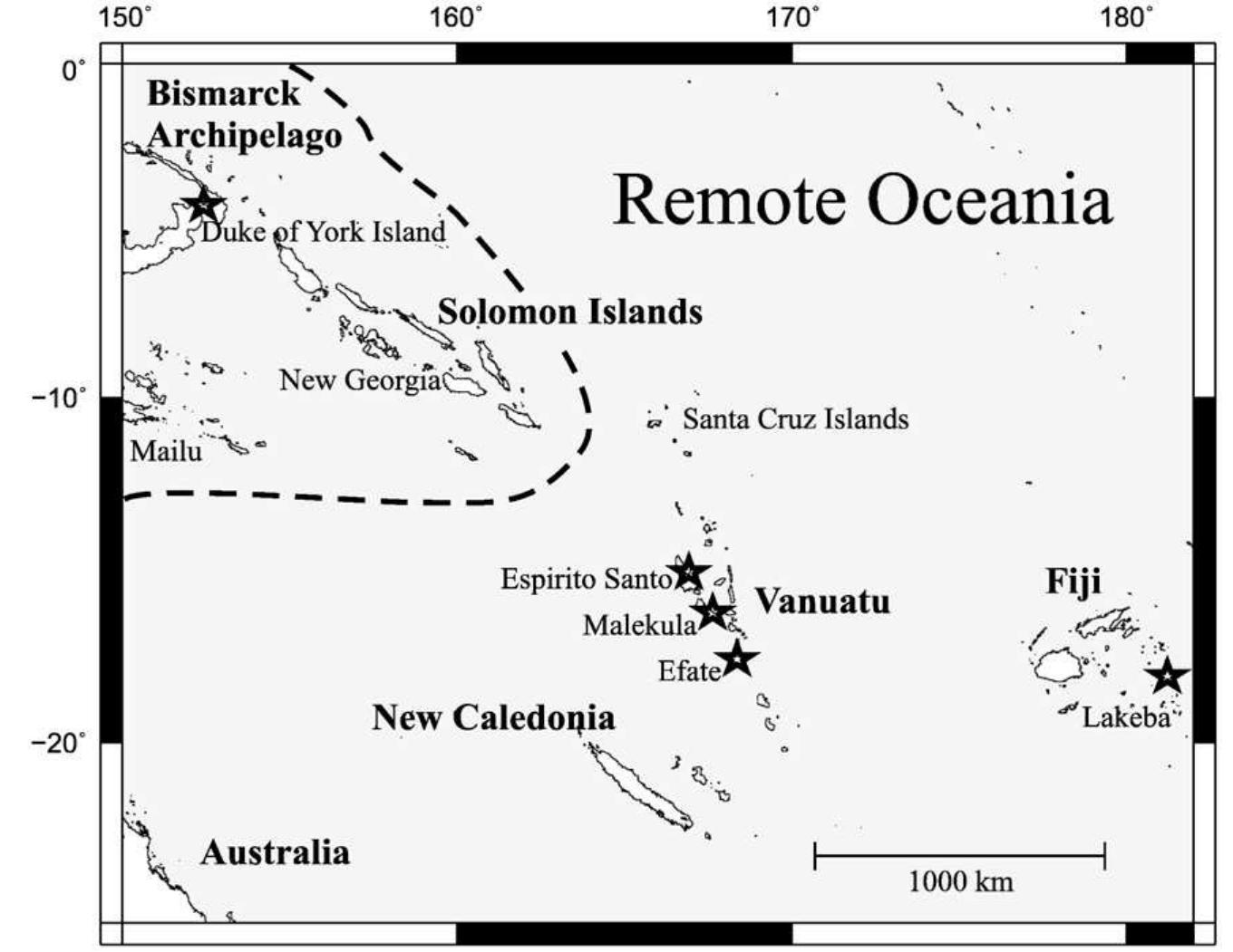 Outline map of the sw pacific showing sample sites (stars).