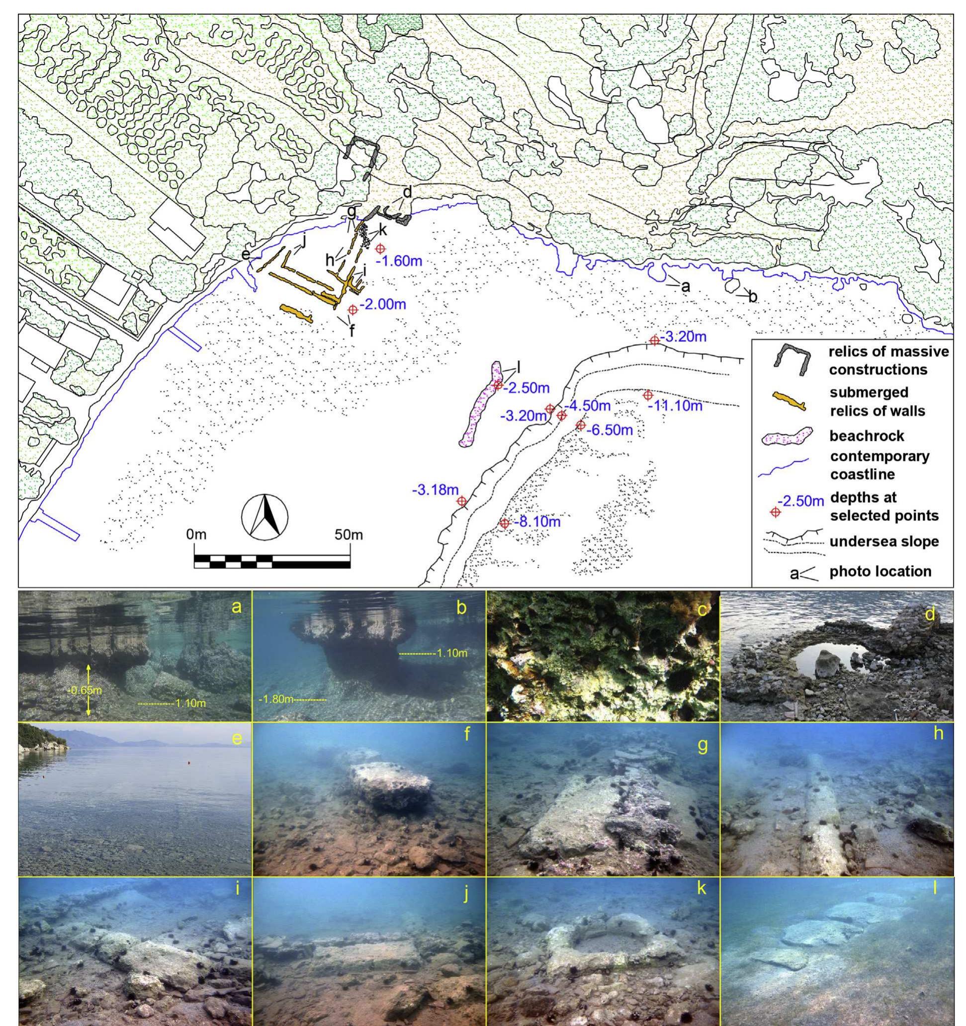 Plan of the coast of agios vlasis. bottom: underwater views