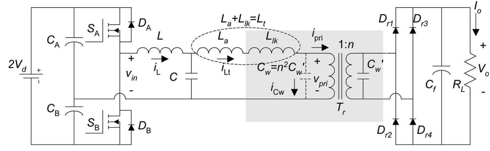 Circuit diagram of half-bridge lcl-t rc. transformer leakage
