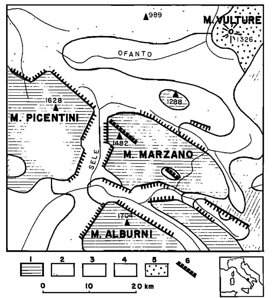 Schematic geostructural map of the faulted area. 1,