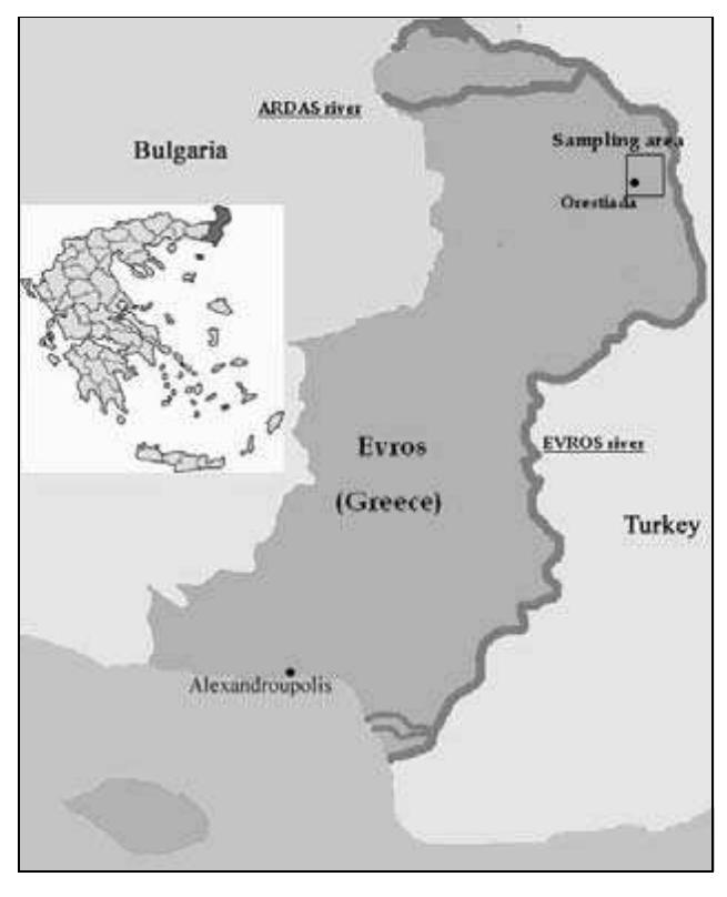 Map of evros region (greece) with sampling location. water