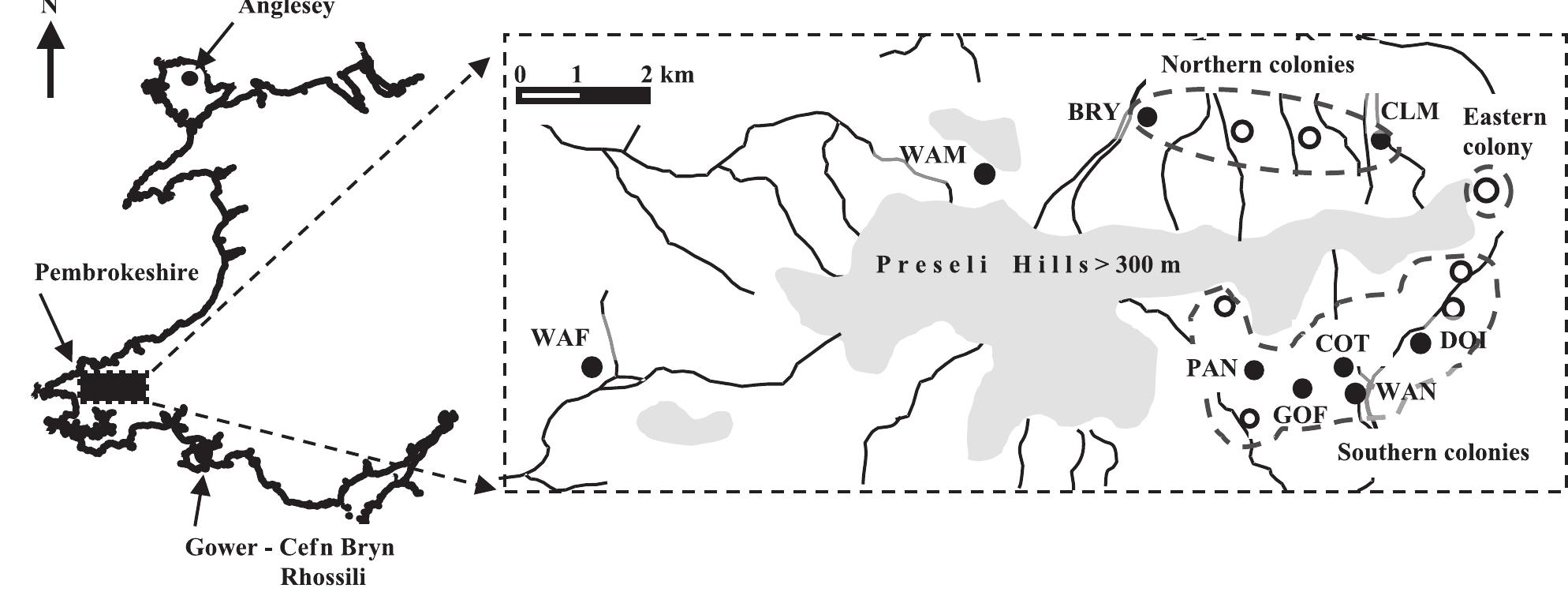 Map of the location of three remaining population centres of