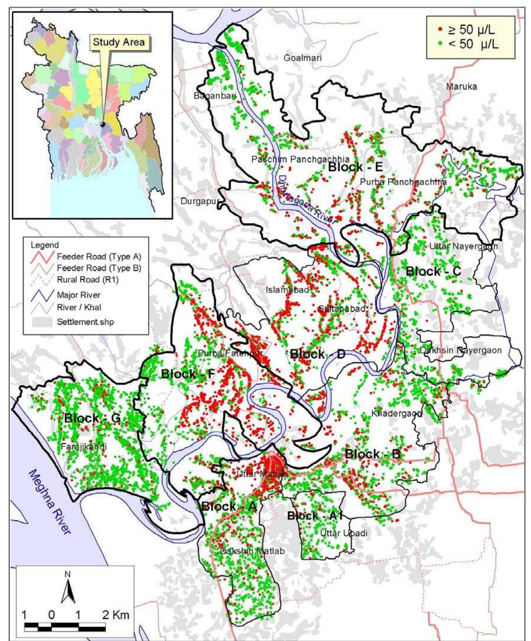 Location map of matlab upazila showing the prevalence of