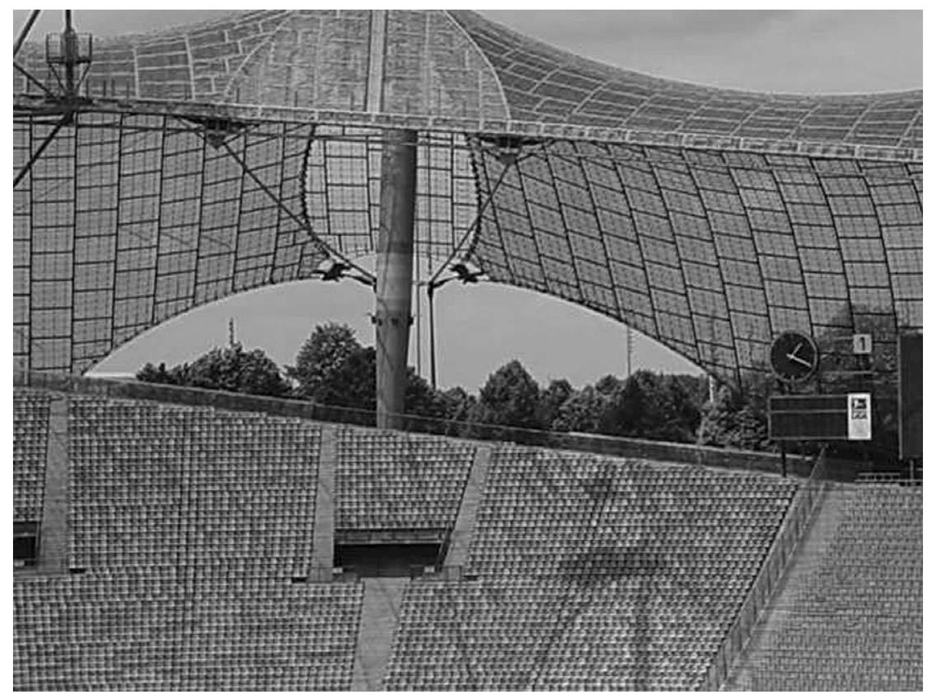 Stadium interior: roof pylon with rainbow design
