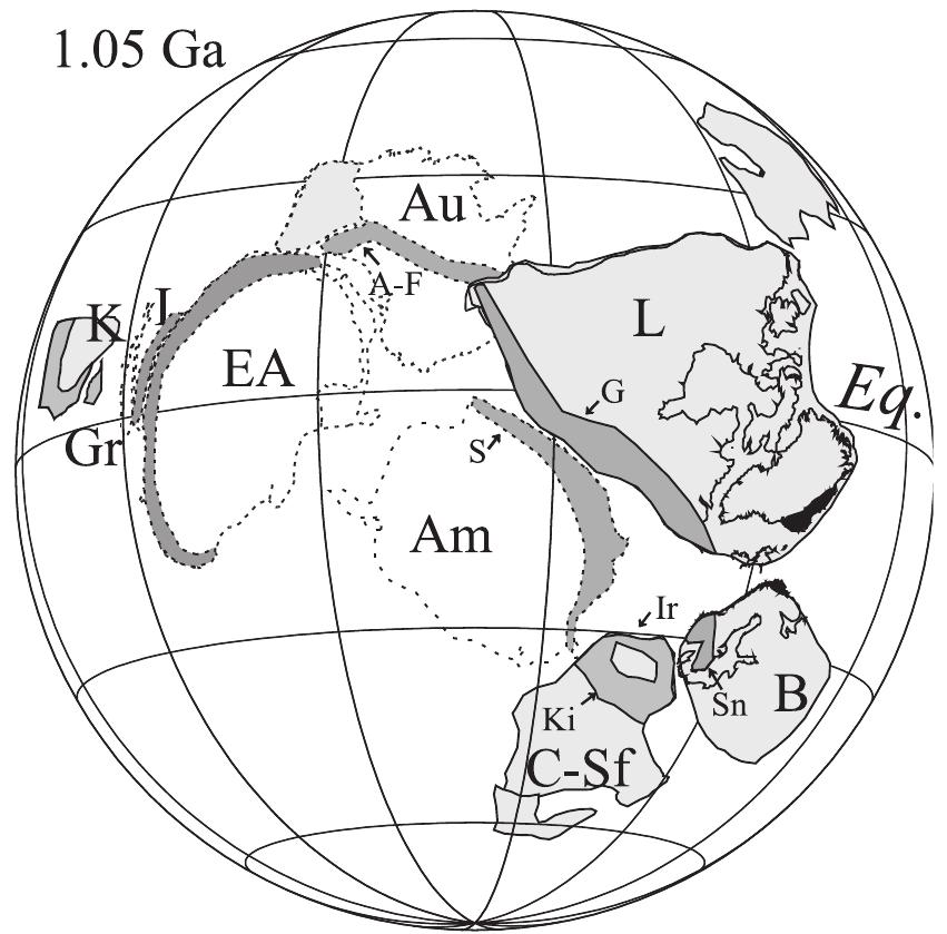The reconstruction of continents at 1.05 ga showing the