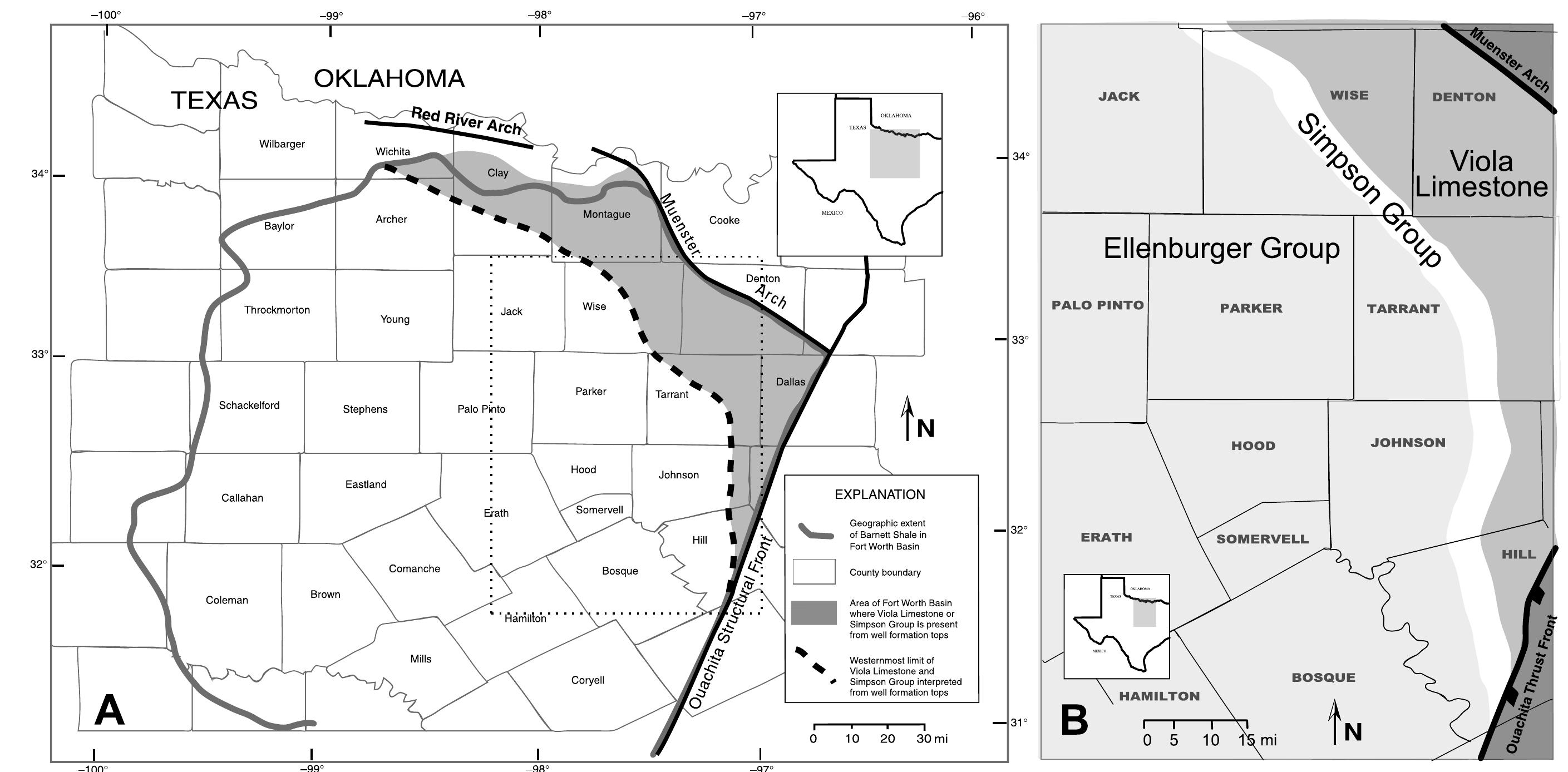 Maps showing barnett shale subcrop geology and geographic