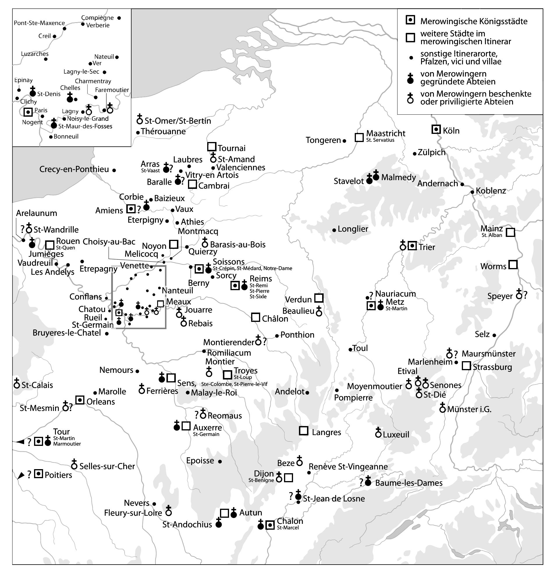 Merovingian sedes regiae, cities and places from the royal