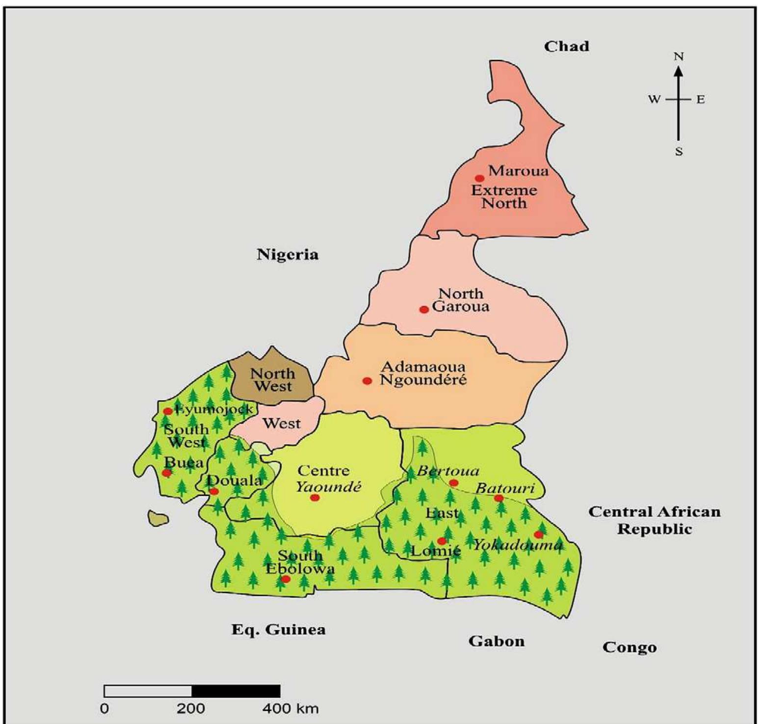 ‘ig. 1. map of cameroon and its regions. tree icons