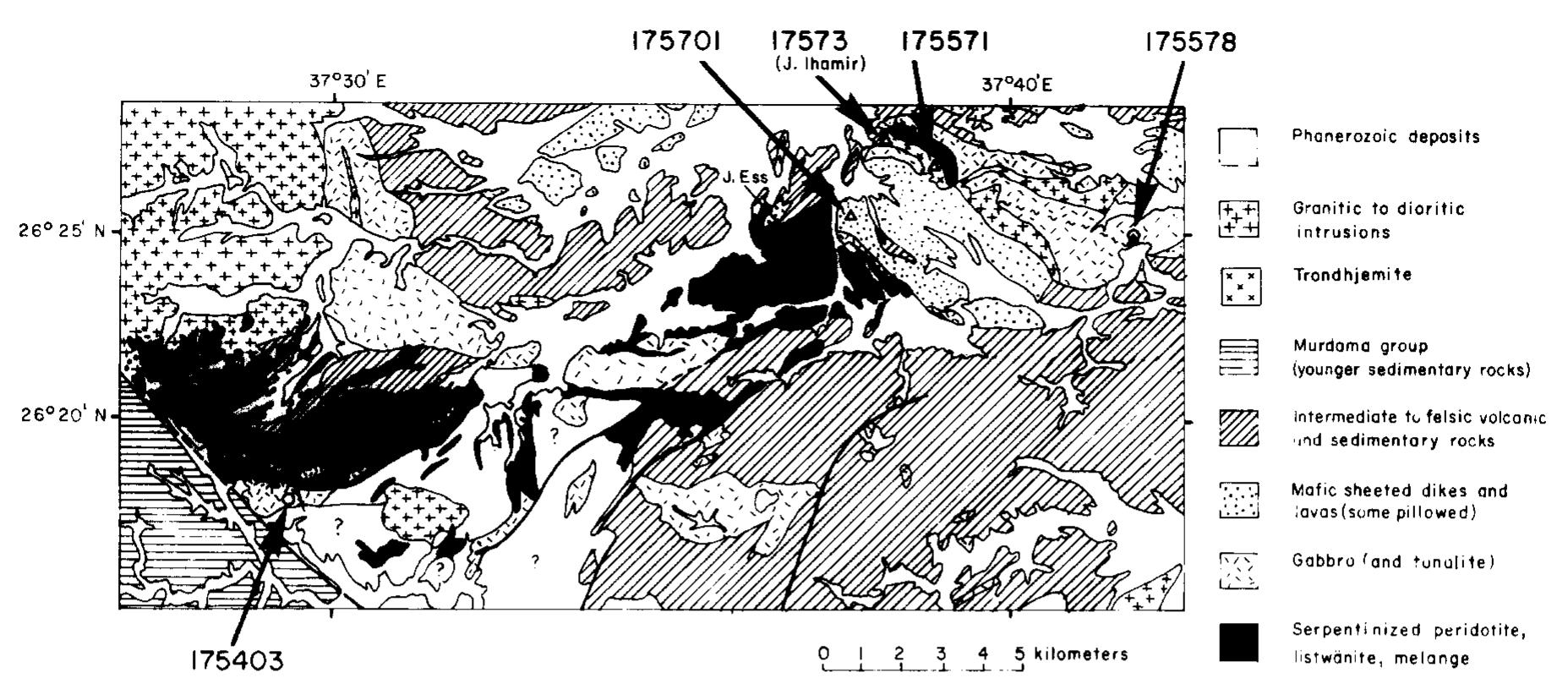 Geologic map showing sample localities at the jabel ess
