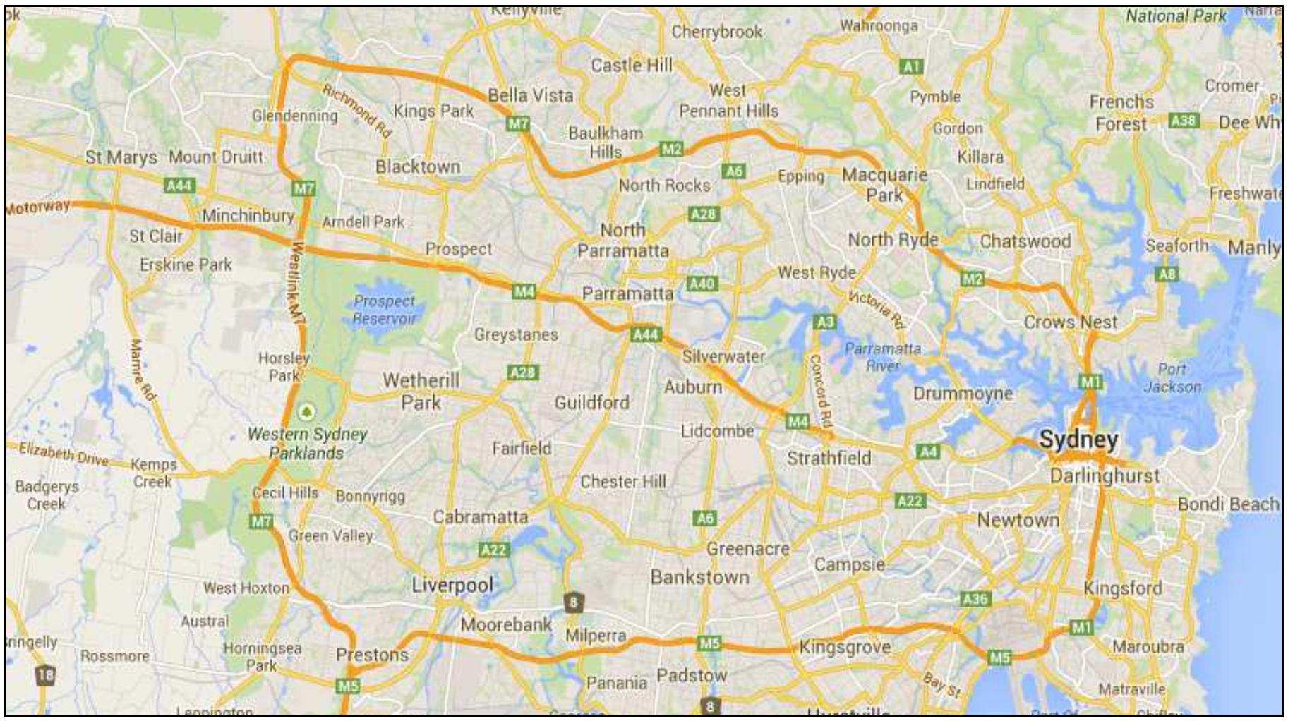 Map of sydney (source: google maps, 2014) to travel from
