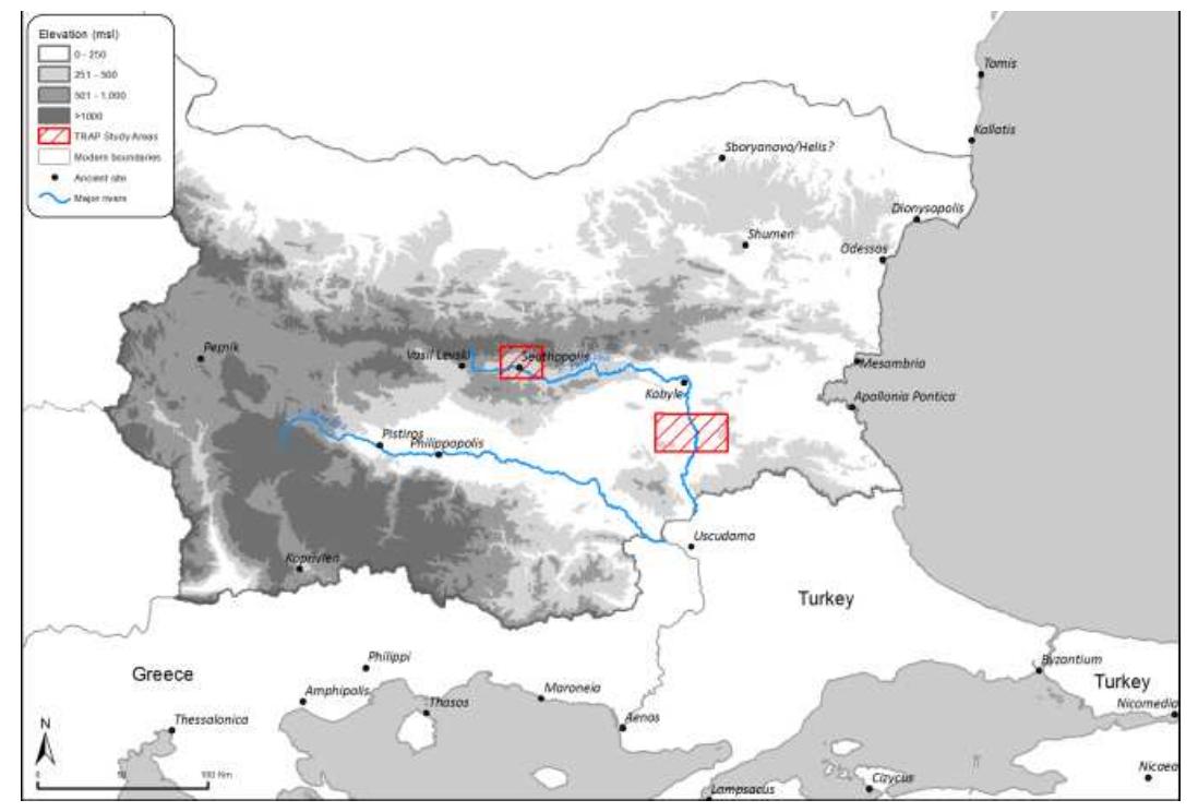 Map of modern bulgaria with trap study areas us with a