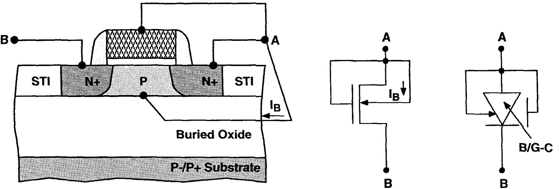 B/g-c dtmos soi diode cross section, circuit schematic and a