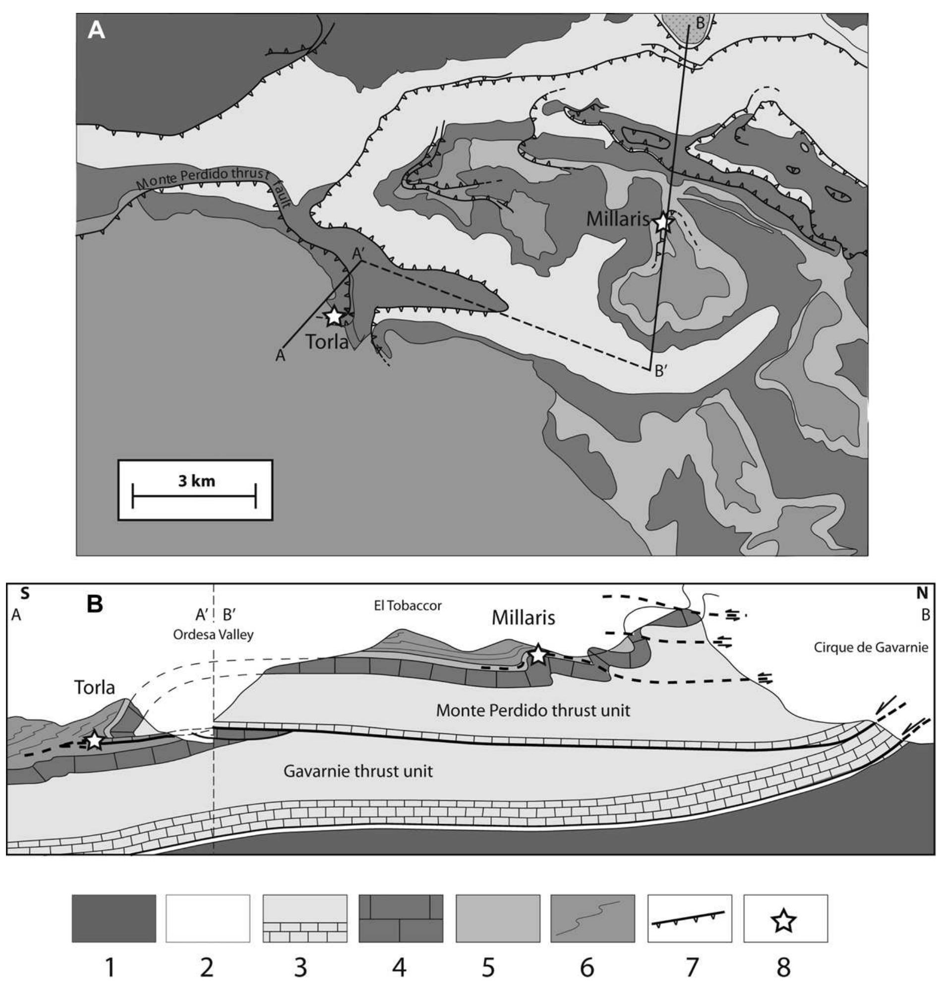 Geological map (a) and cross-section (b; location: line in