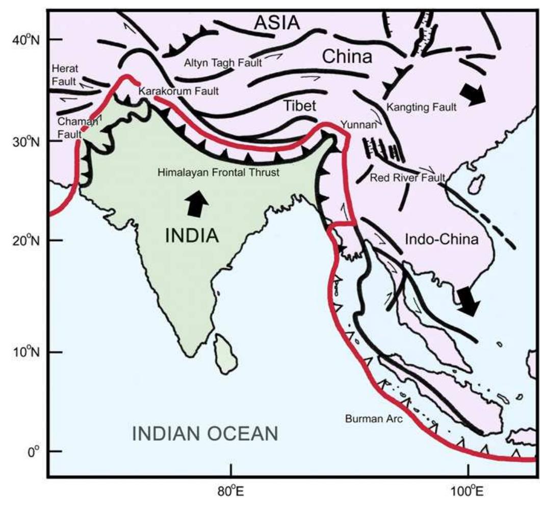 Schematic map illustrating extrusion tectonics in tibet and