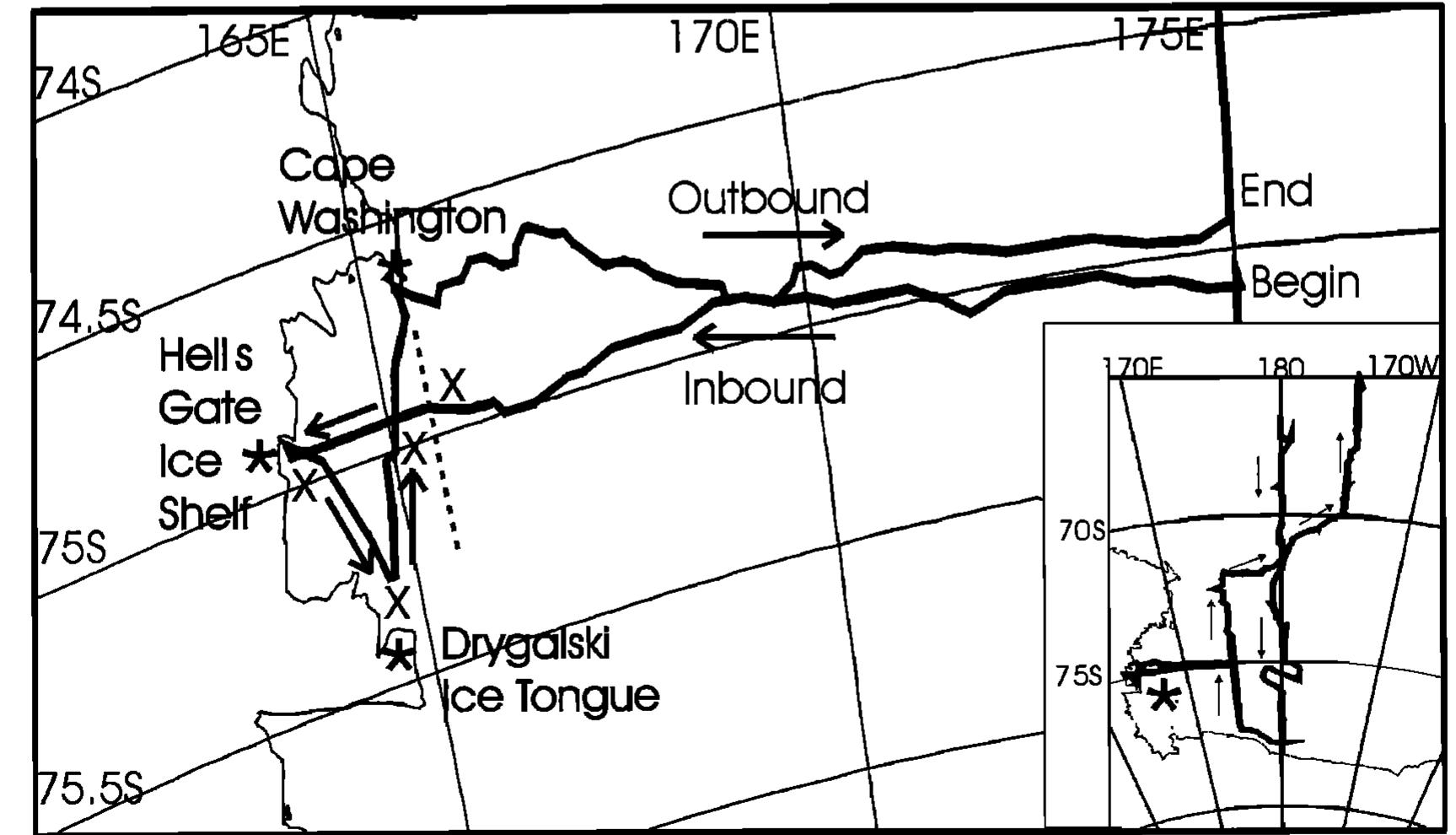 Map of the inbound and outbound tracks of the r/v nathaniel