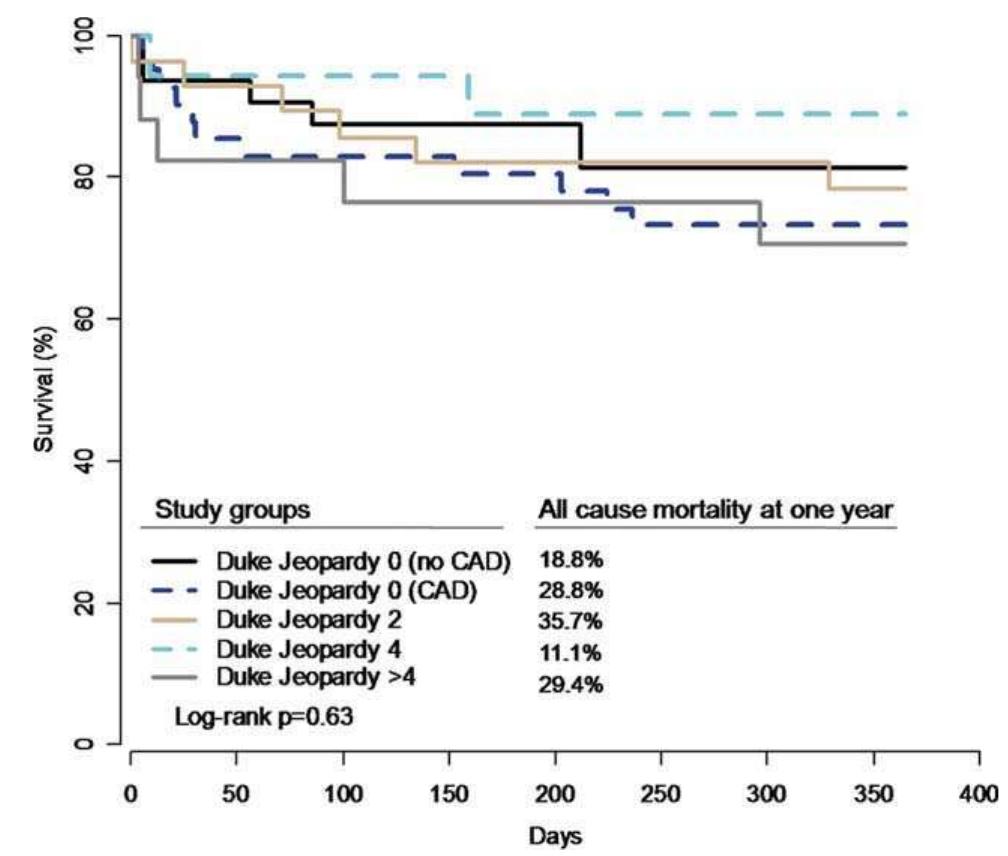 Kaplan-meier survival curves of all five study groups.