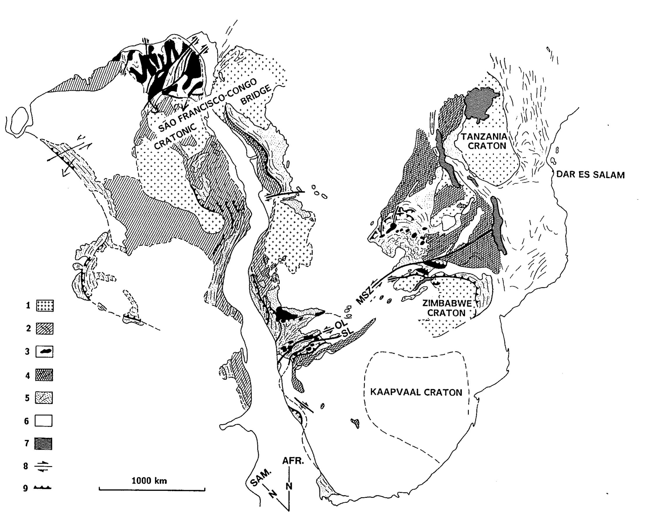 Selective geological map of equatorial and southern africa