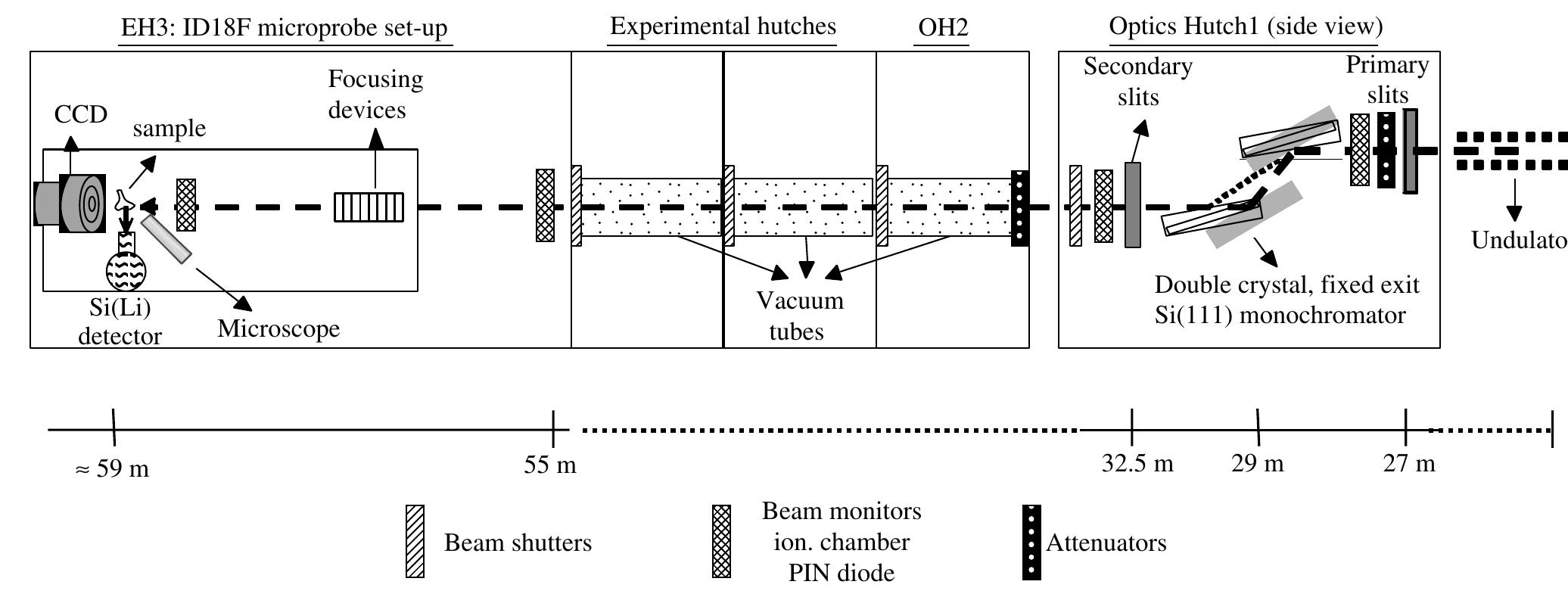 Schematic layout of the id18 beamline and the id18f user