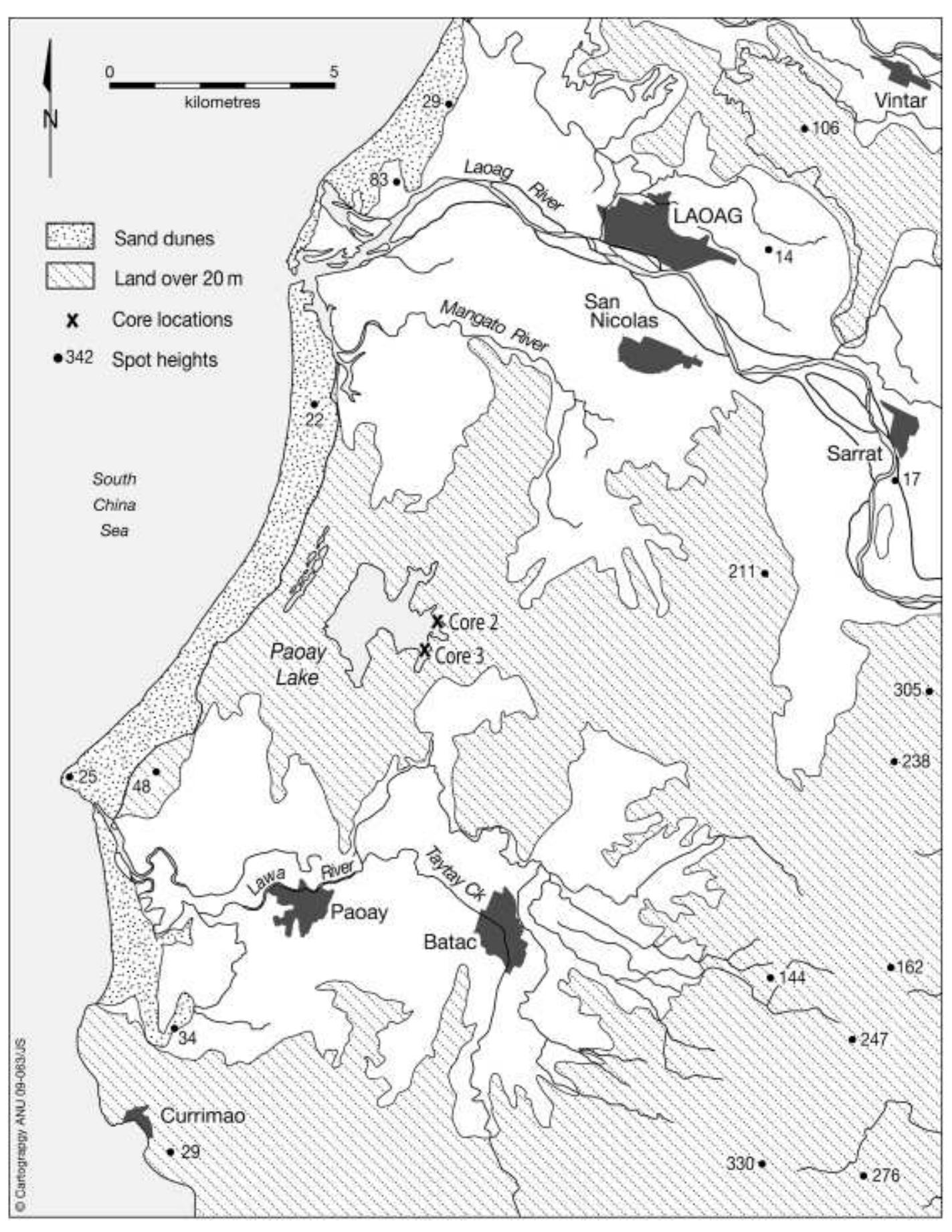 Site map of paoay lake showing coring locations and general