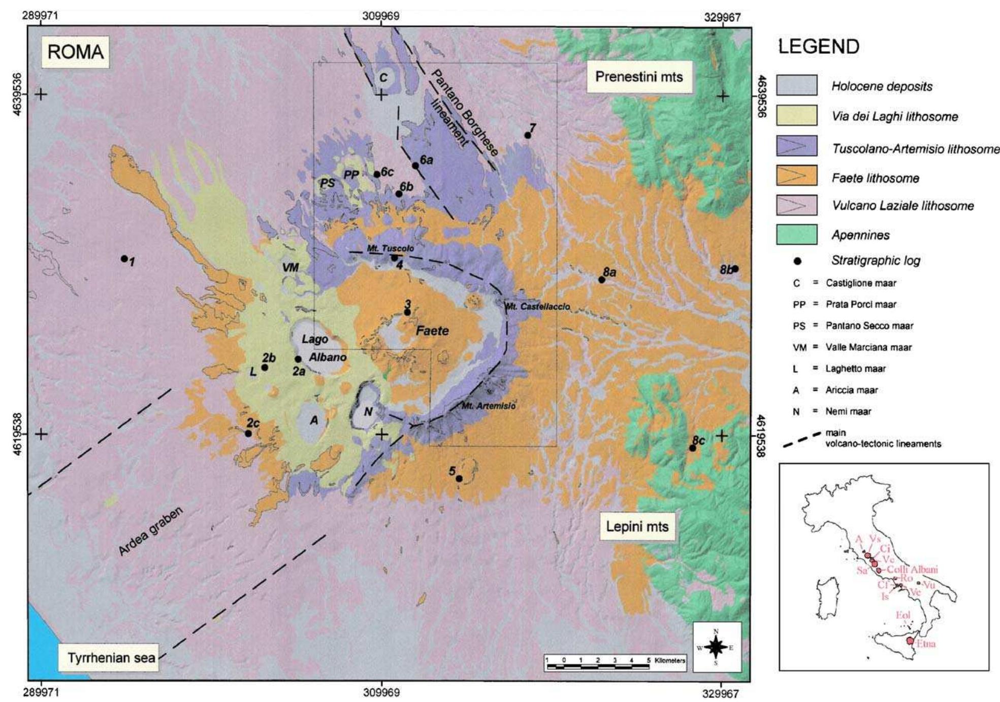 Simplified geological map of the colli albani volcano,