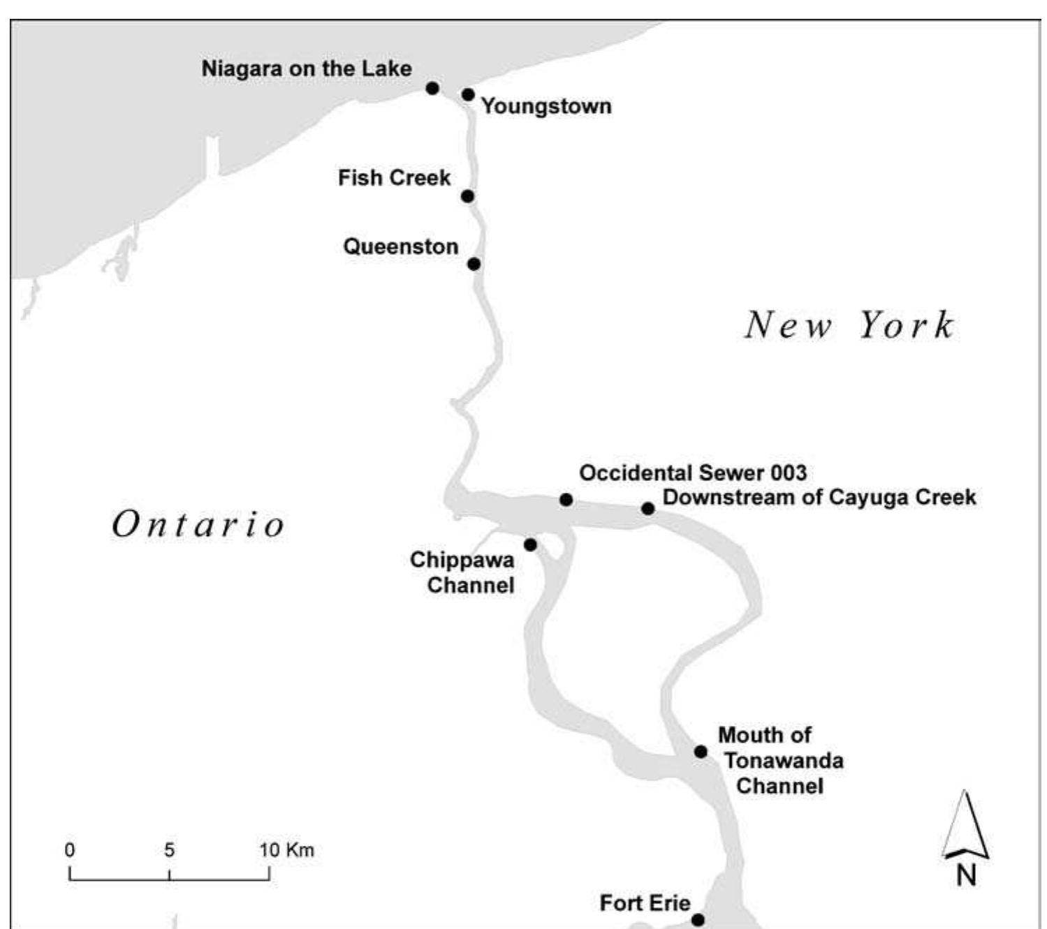 Map of the niagara river and mussel sampling sites.