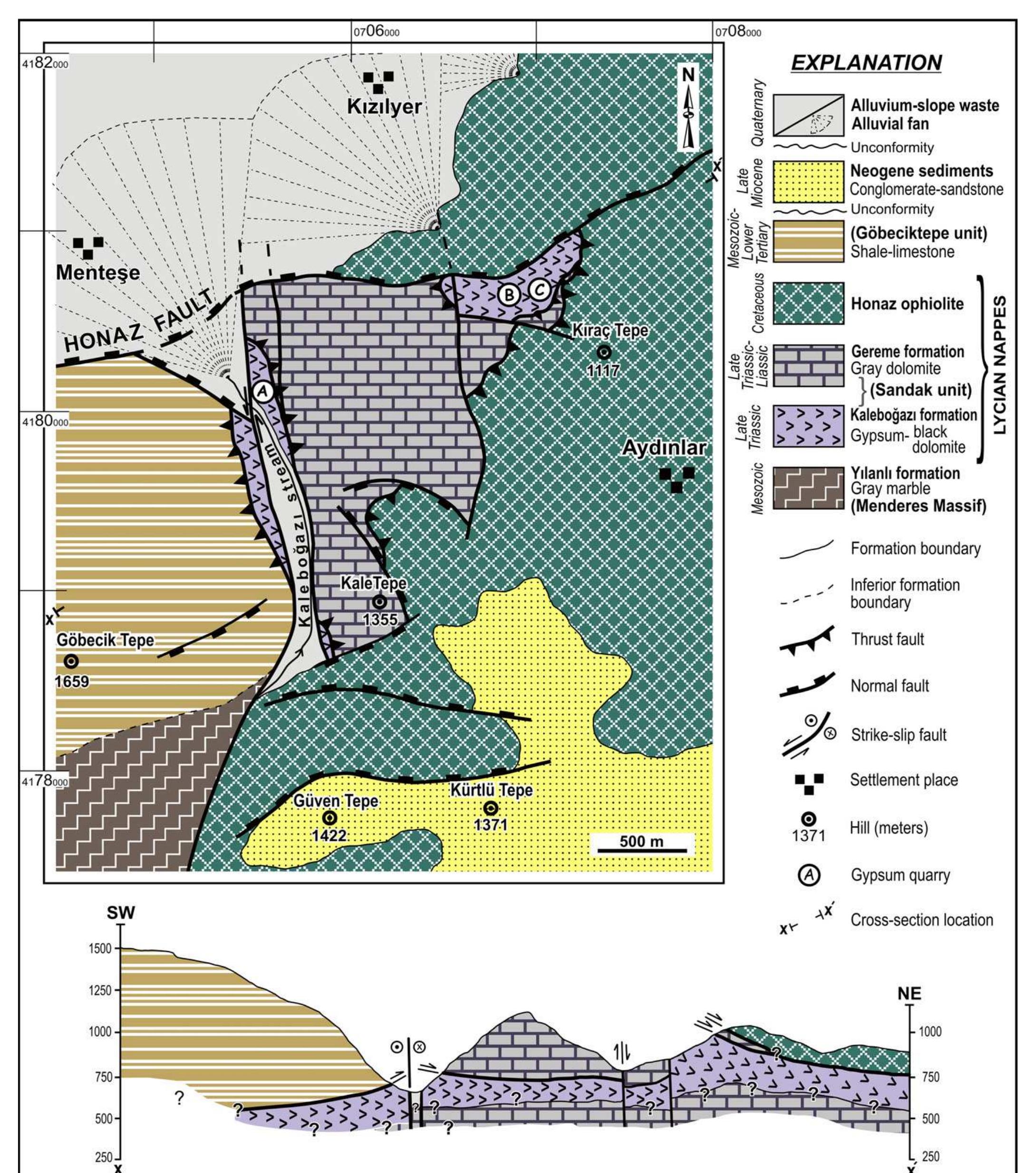 Detailed geological map and cross-section of the study area.