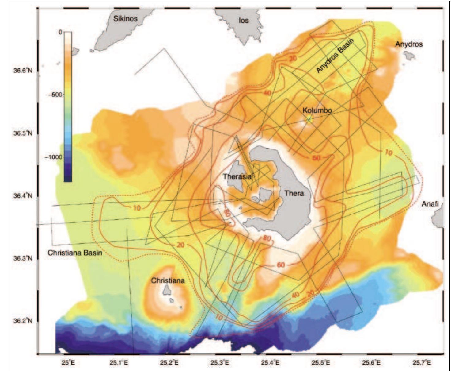 Map of the santorini region showing bathymetry (seabeam),