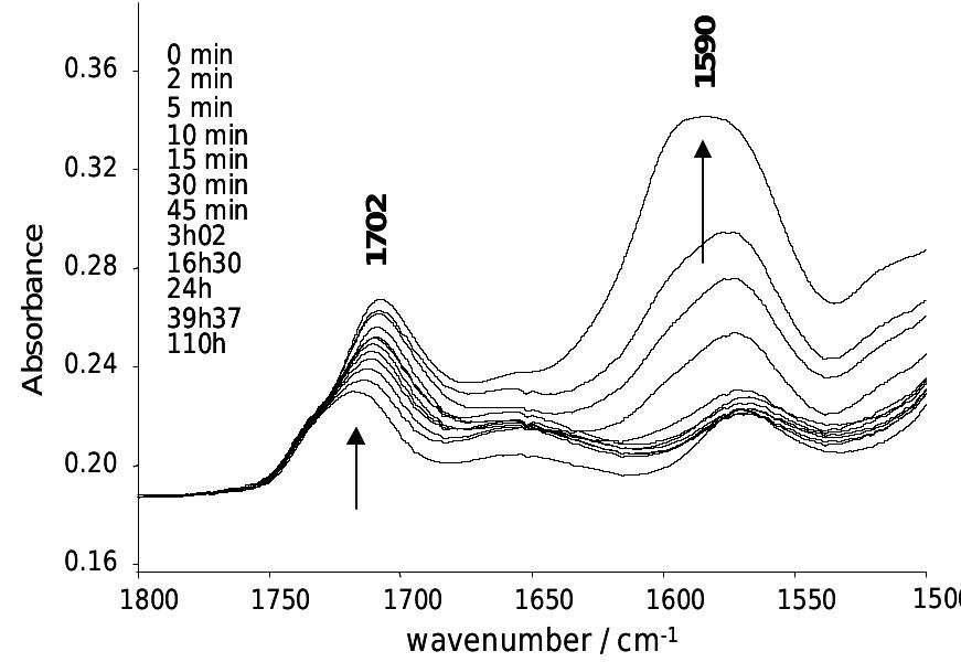 Evolution of ftir spectra of a film of 4.3 % pva and 0.58 %
