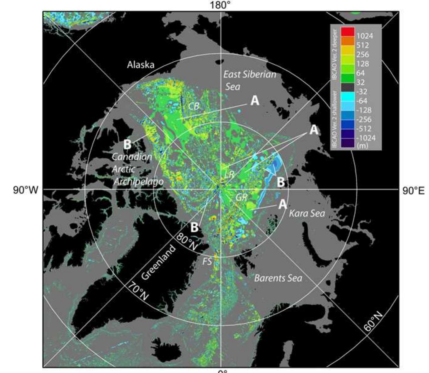Map showing the differences between ibcao version 2.0 and