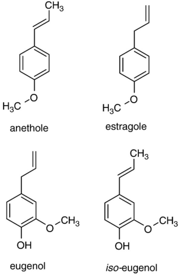 Chemical structures of a) anethole, b) estragole, c) eugenol