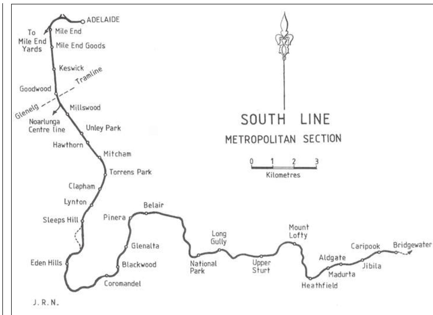1 route of south line 1936. dotted line route including